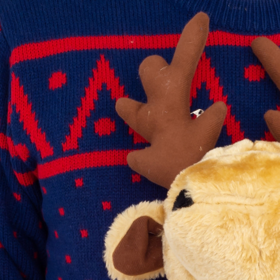 Women's Navy 3-D Christmas Sweater with Stuffed Moose