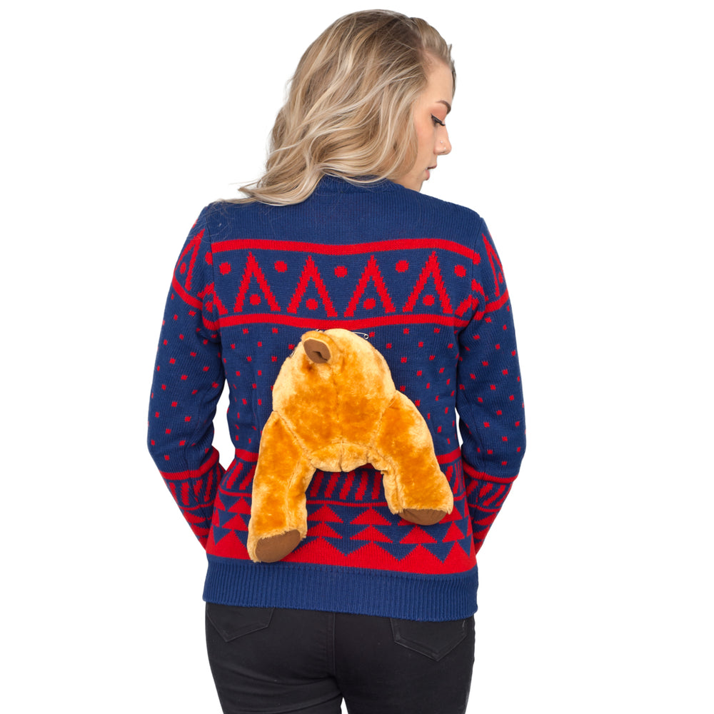 Women's Navy 3-D Christmas Sweater with Stuffed Moose